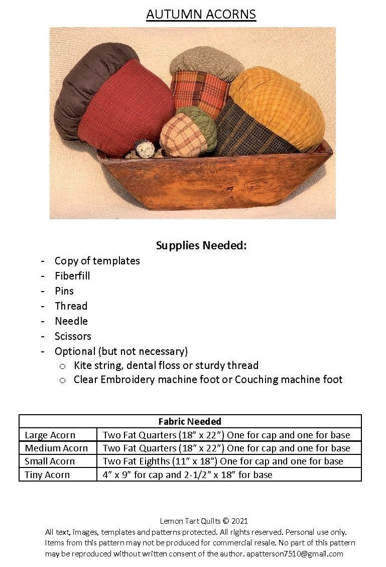Fabric Acorn Decoration Pattern -PDF / Printed Pattern Also Available ...