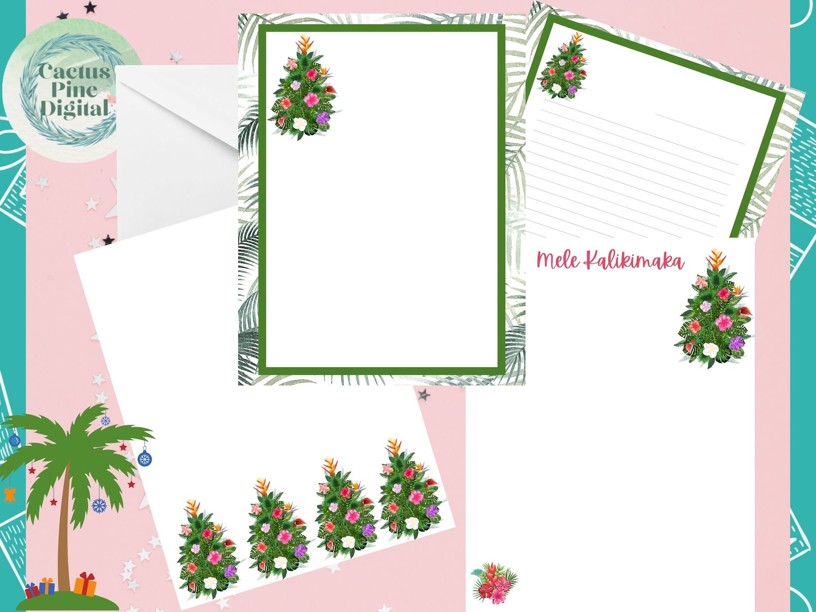 Tropical Christmas Mele Kalikimaka Hawaiian Tree Printable Stationery ...