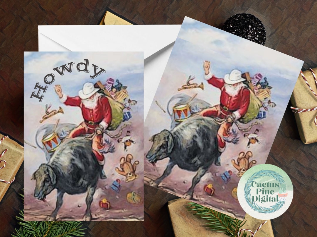Christmas Rodeo Howdy Santa Claus Bucking Bronco Saint Nick Retro ...