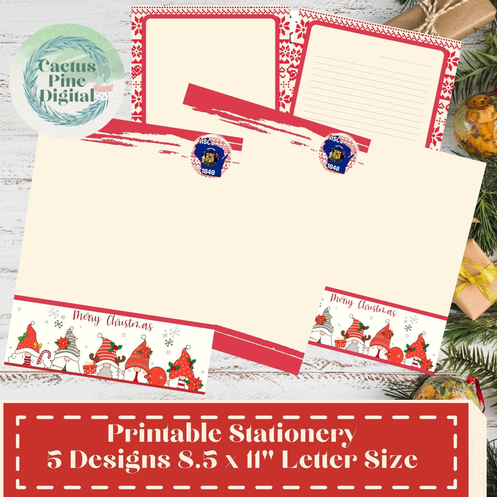 Wisconsin State Gnomes Printable Christmas Stationery Set Letter Paper ...