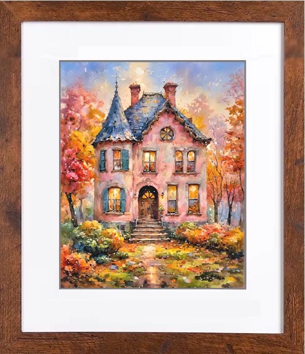 Framed Autumn Landscape Print "old World Charm", Vintage Cottage Scene ...