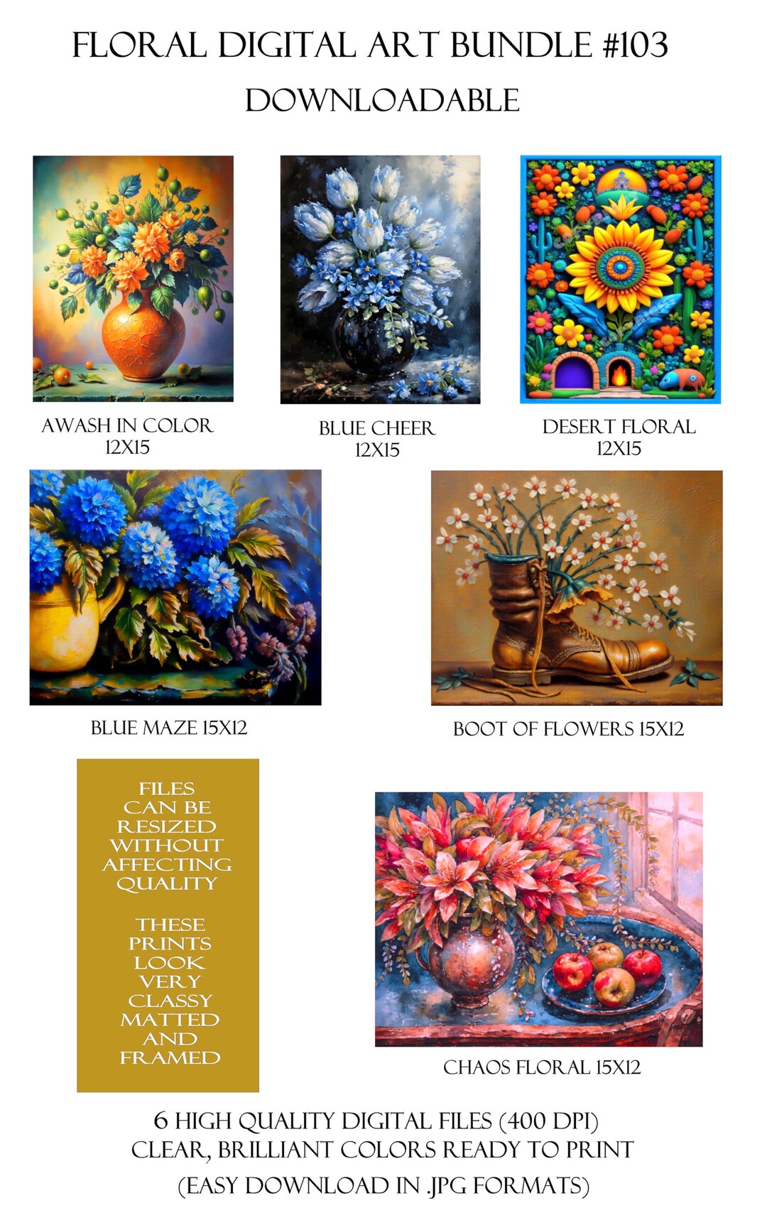 DOWNLOADABLE FLORAL Art BUNDLE, Six High Quality Floral Prints, 15x12 ...