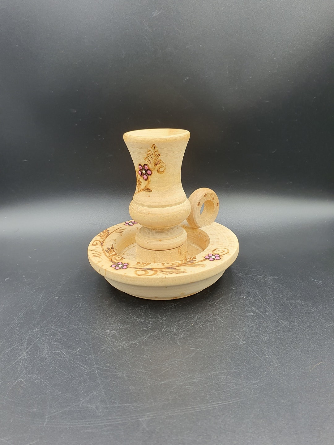 Wooden Hand Painted Candlestick With Handle Candle Holder Flowers - Etsy