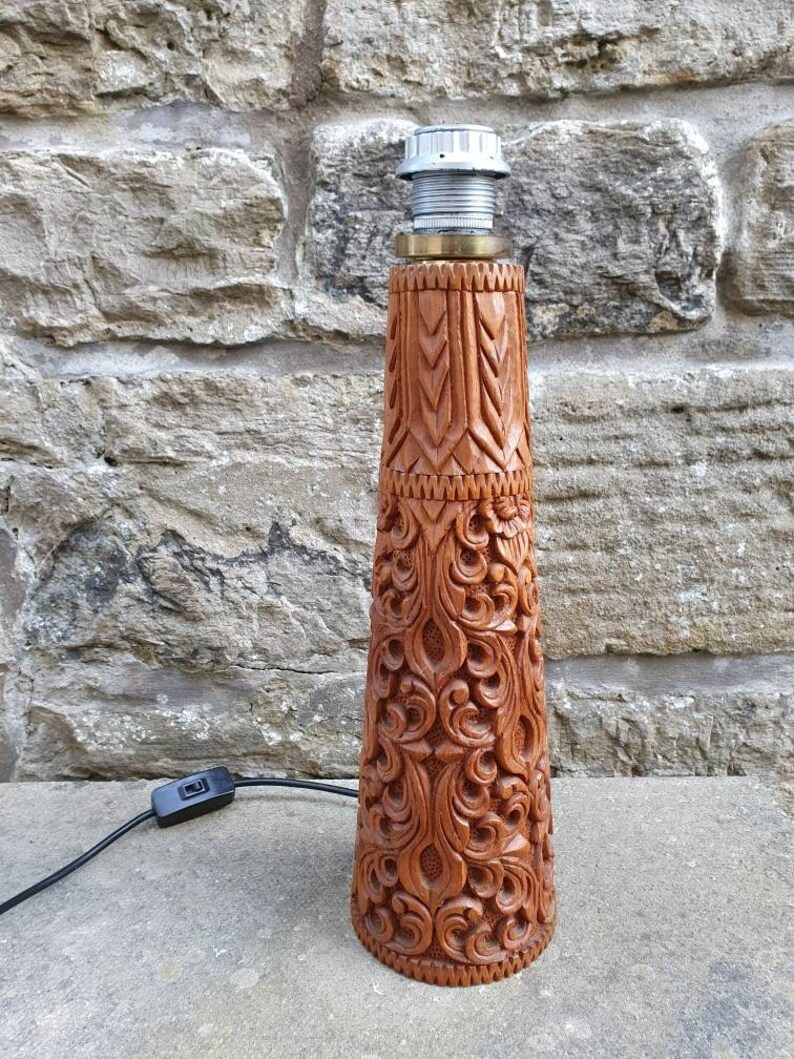 Mid Century Teak Wood Lamp Hand Carved 60s Handmade - Etsy UK