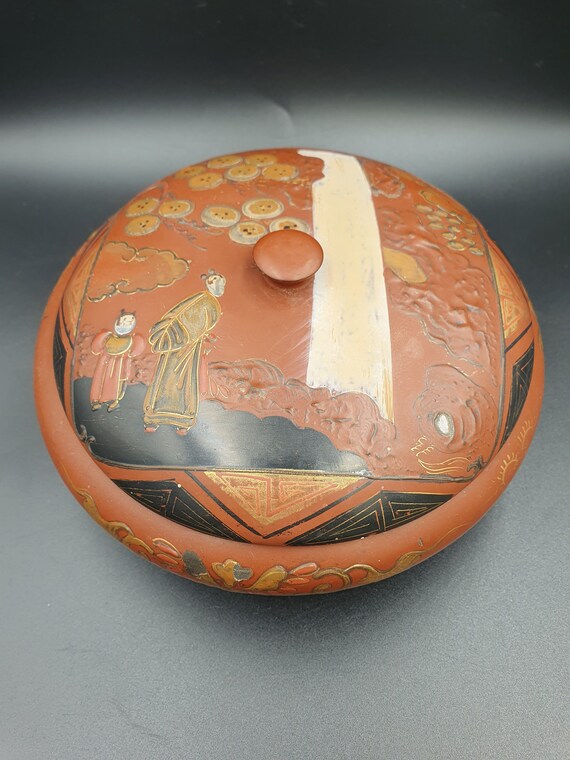 Japanese Lacquer Round Jewellery Box Trinket Dish Gei… - Gem