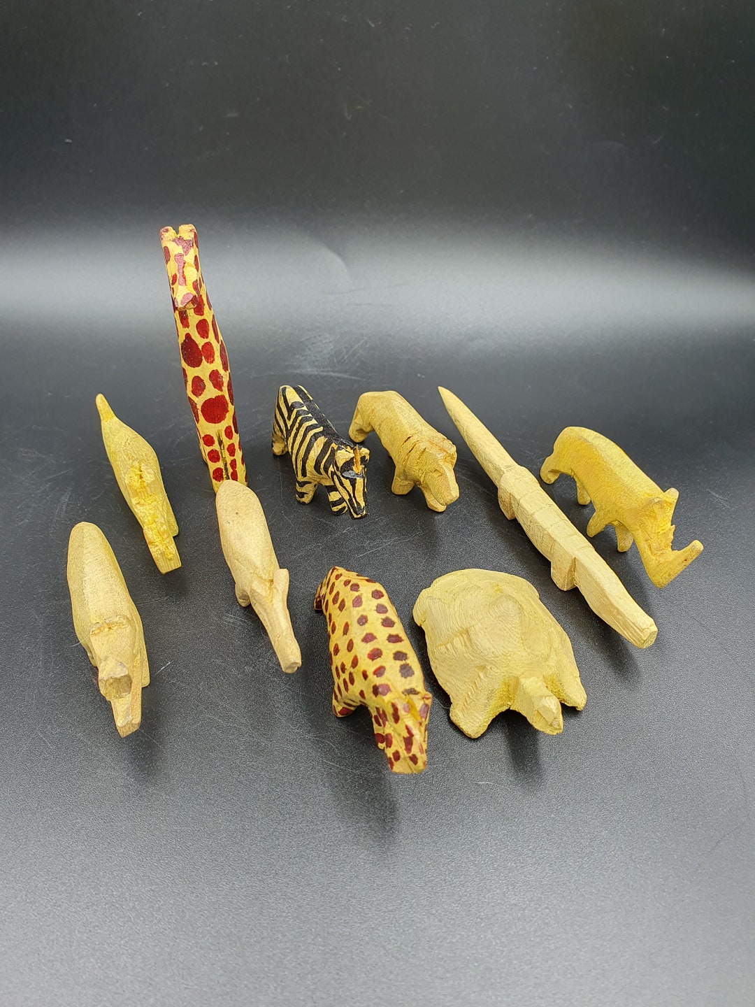 Set of Ten Small Wooden African Animals Hand Carved Tiger Turtle ...