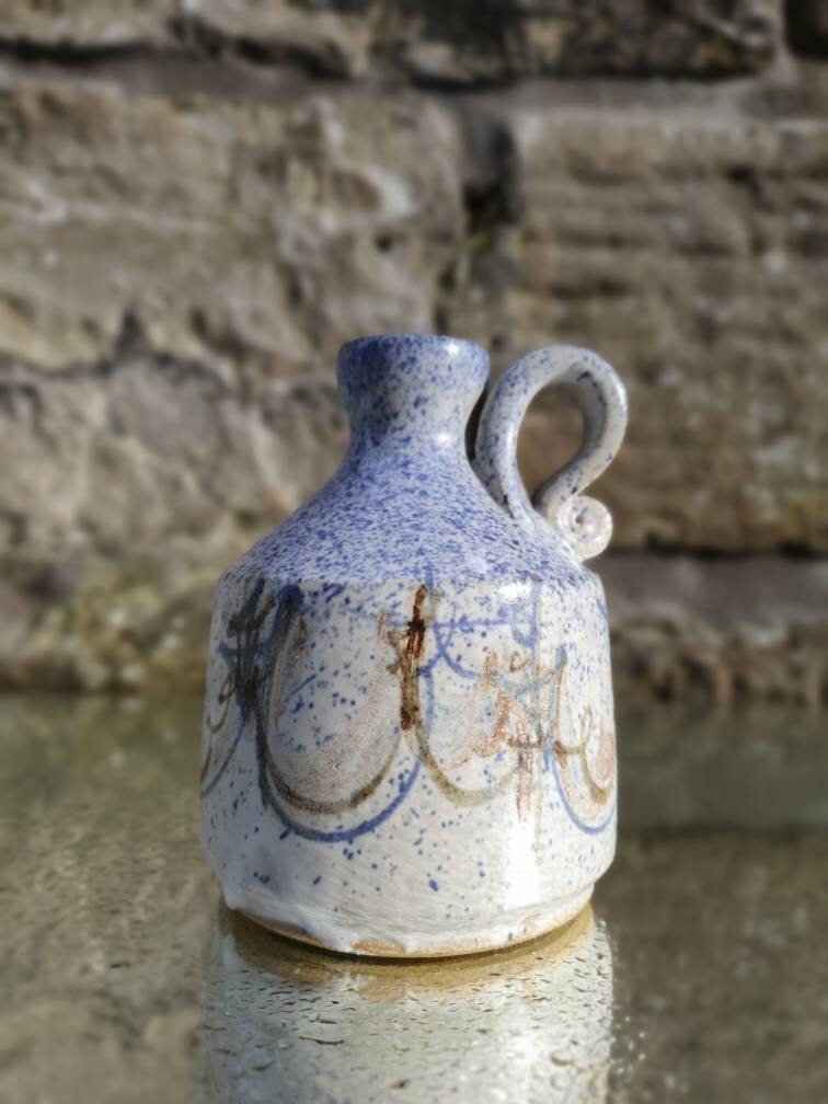 Small Portsoy Pottery Blue Vase Abstract Pattern Handle Ceramic Hand ...