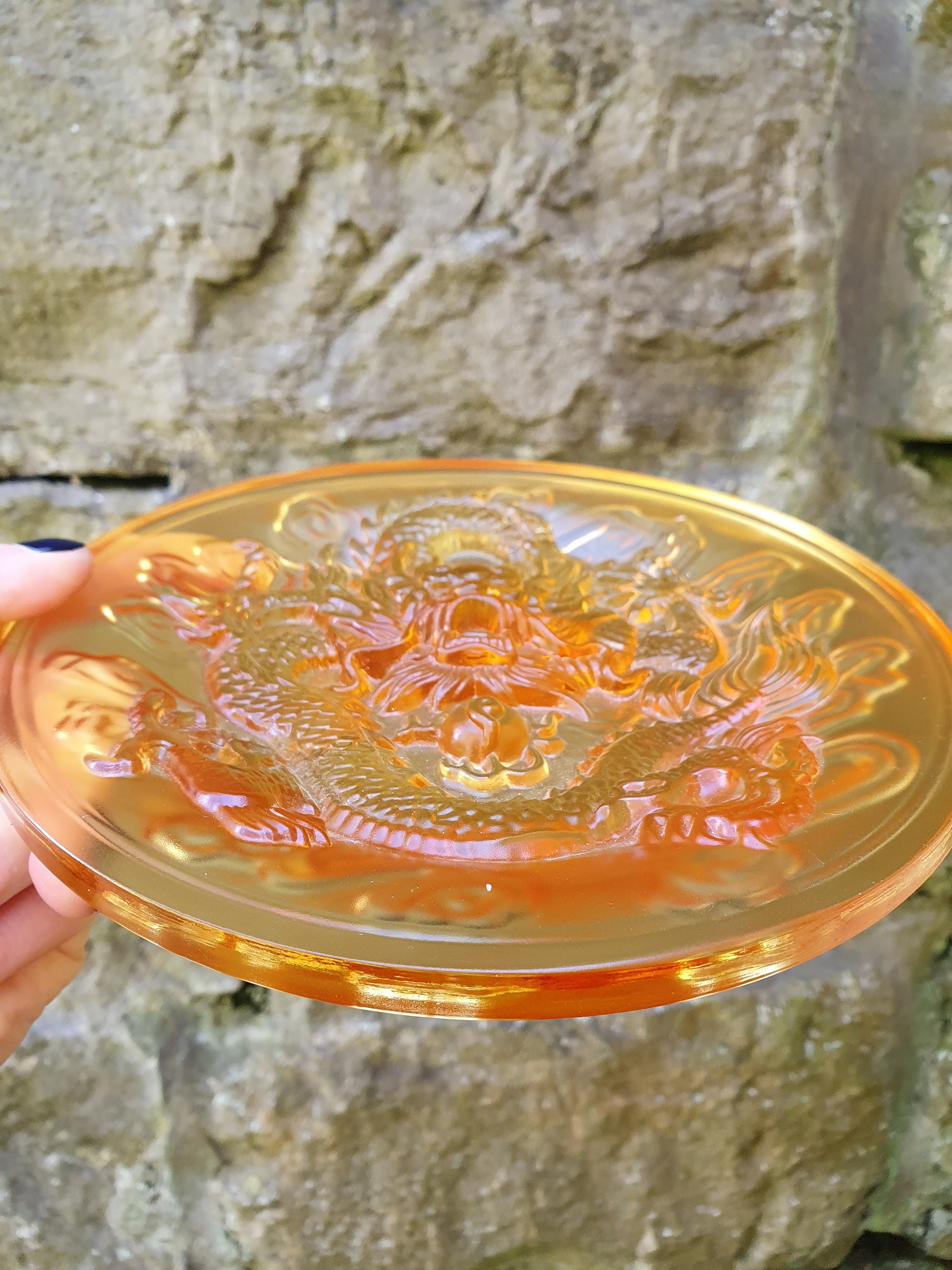 Orange Glass Chinese Dragon Plate Thick Amber Sun Catcher - Etsy