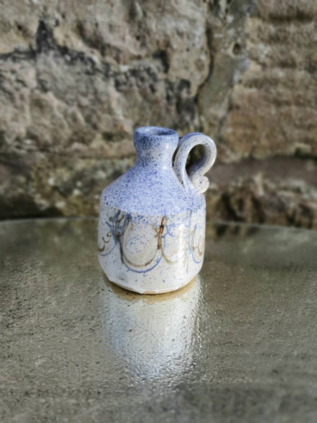 Small Portsoy Pottery Blue Vase Abstract Pattern Handle Ceramic Hand ...