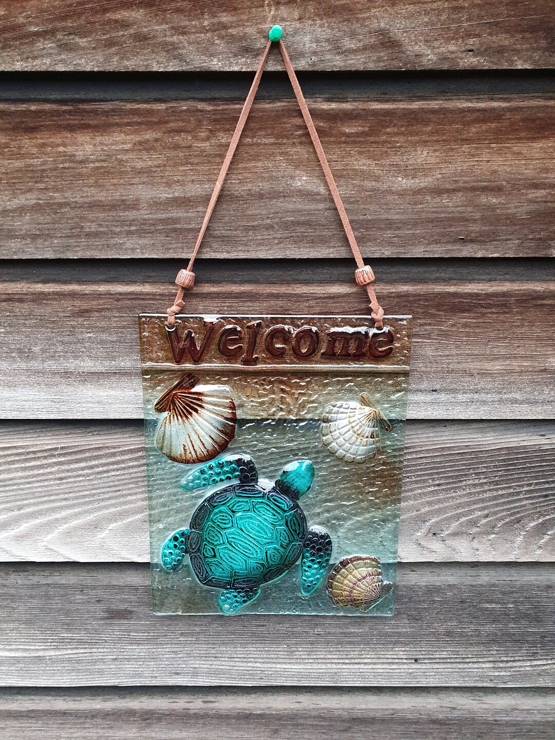 Art Glass Welcome Stained Glass Turtle Shells Turquoise Beach Summer - Etsy
