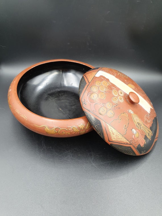 Japanese Lacquer Round Jewellery Box Trinket Dish Gei… - Gem