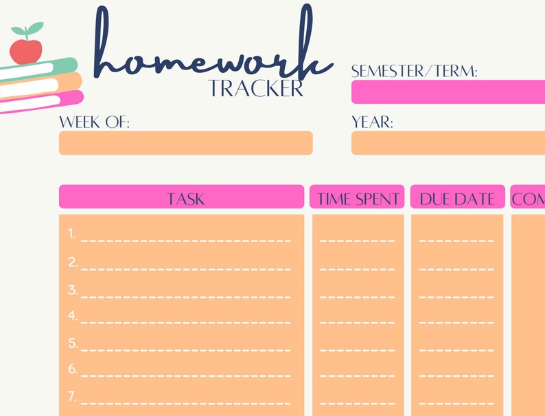 HOMEWORK TRACKER bright Themed - Etsy