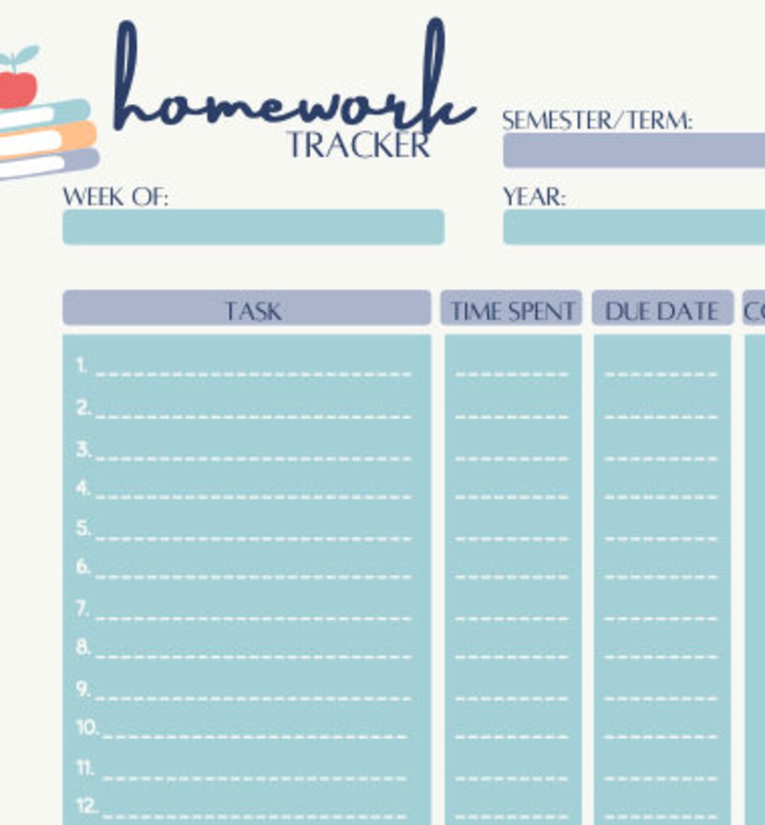 HOMEWORK TRACKER (muted Blues Themed) - Etsy