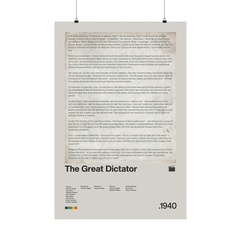 Charlie Chaplin Movie Poster the Great Dictator Speech Vintage Poster ...