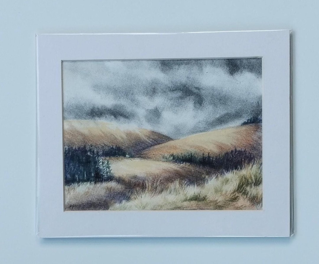 Original Landscape Drawing, Small Pastel & Charcoal Sketch "cheviot ...