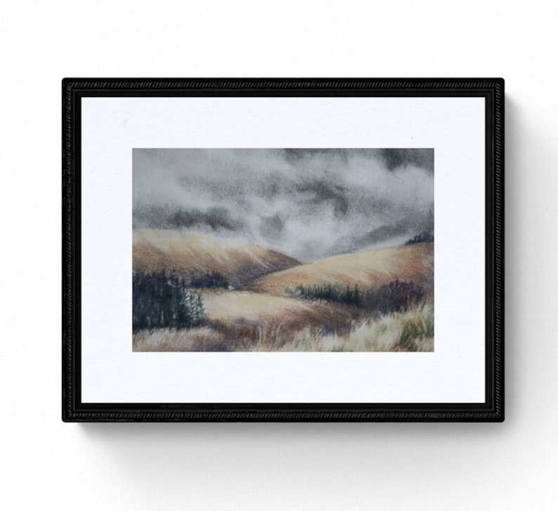 Original Landscape Drawing, Small Pastel & Charcoal Sketch "cheviot ...