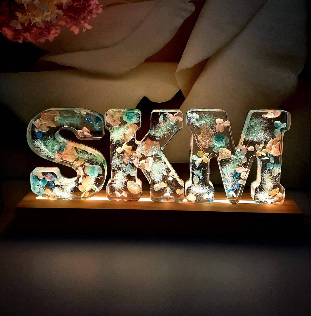 Customised 10cm Resin Letter Lamp With Dried Flowers and Sparkles Etc ...
