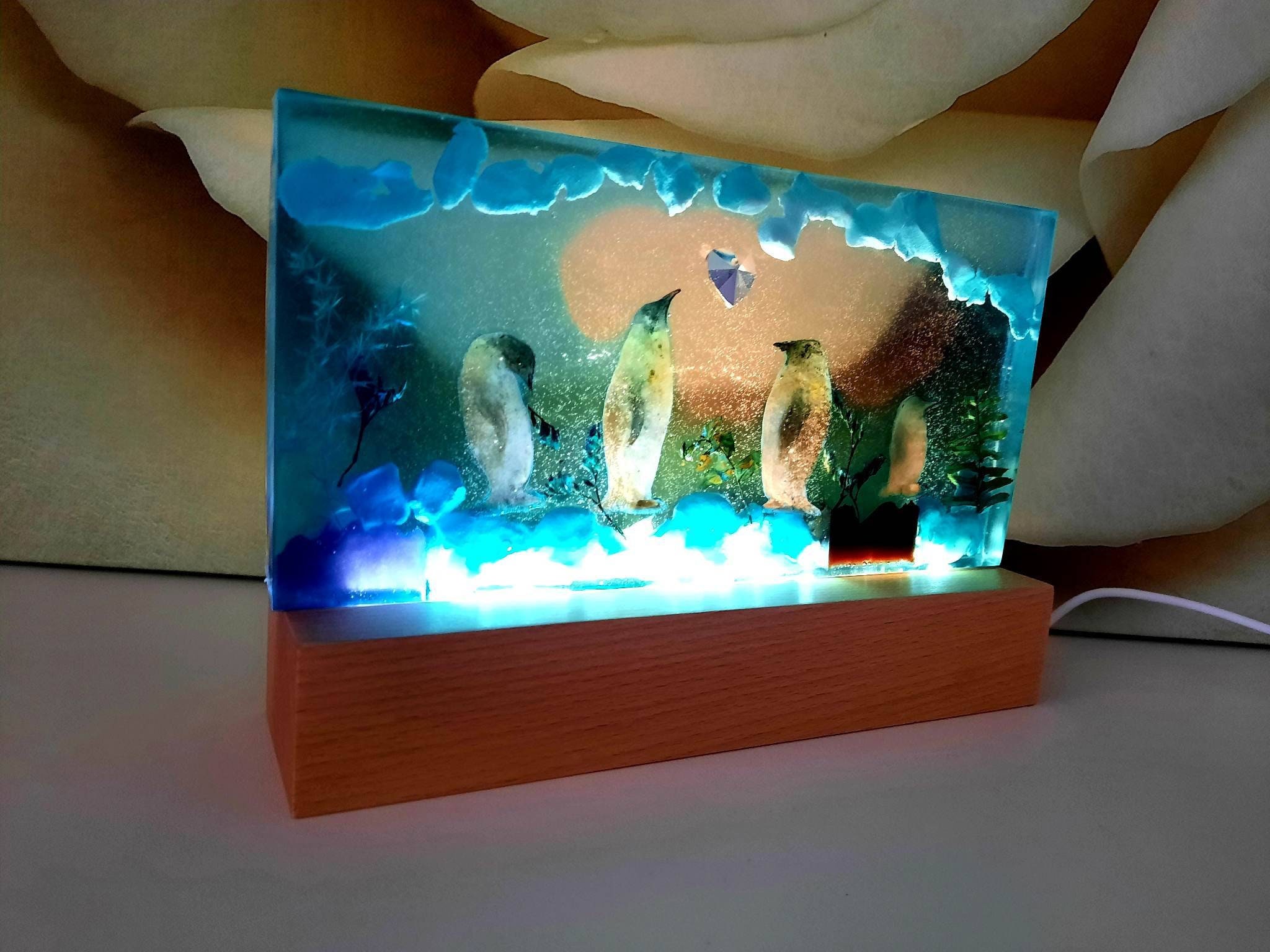Penguin Family, Epoxy Resin Art Lamp, Light, Decoration, Special ...