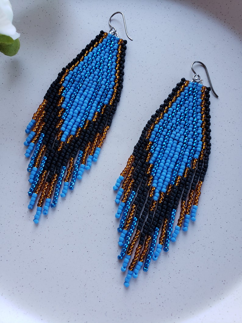 Royal Blue Fringe Beaded Earrings, Brick Stitch Seed Bead Long Fringe ...