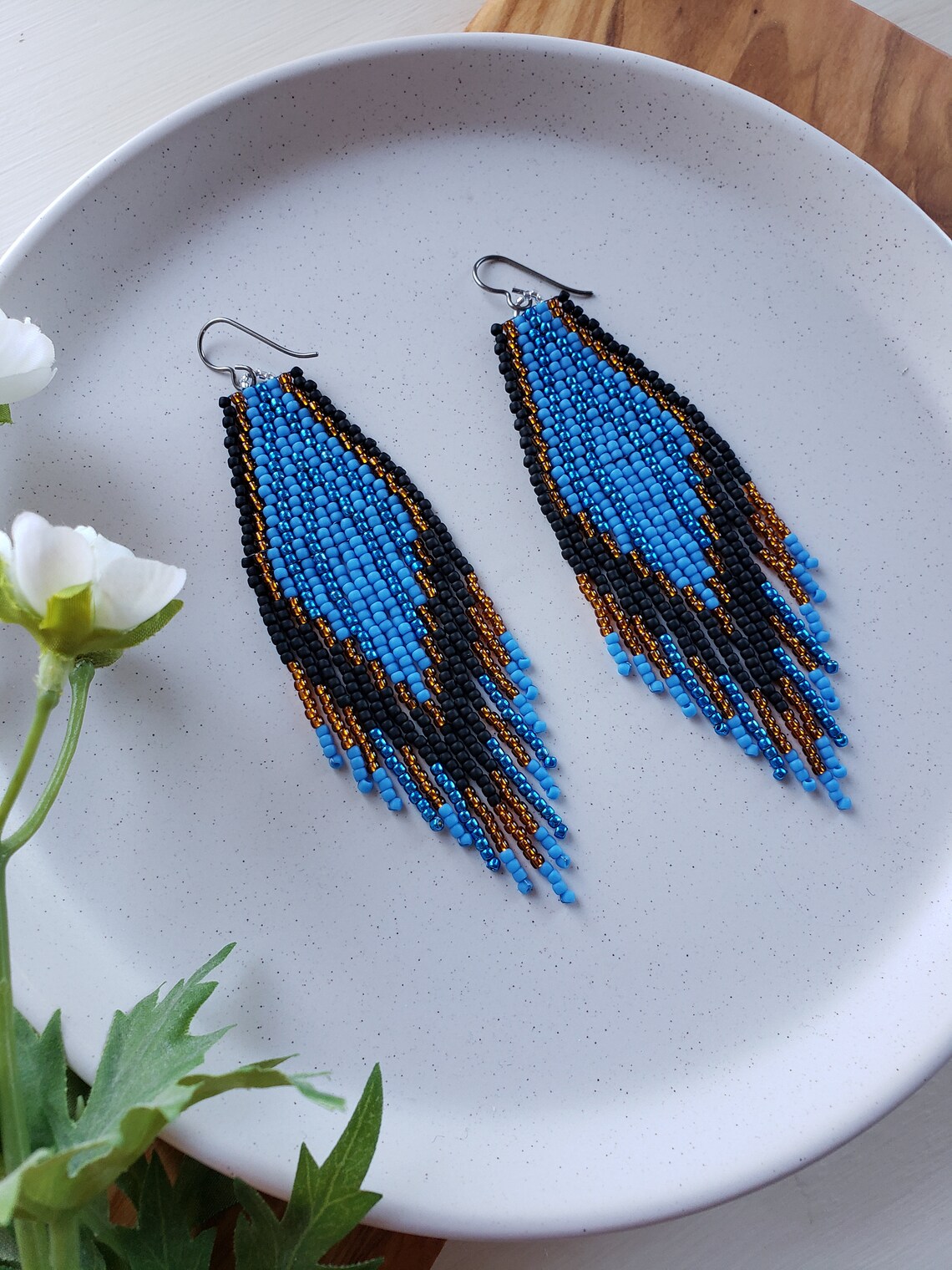 Royal Blue Fringe Beaded Earrings, Brick Stitch Seed Bead Long Fringe ...