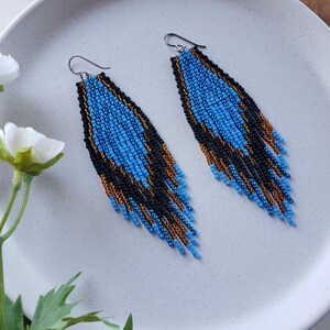Royal Blue Fringe Beaded Earrings, Brick Stitch Seed Bead Long Fringe ...