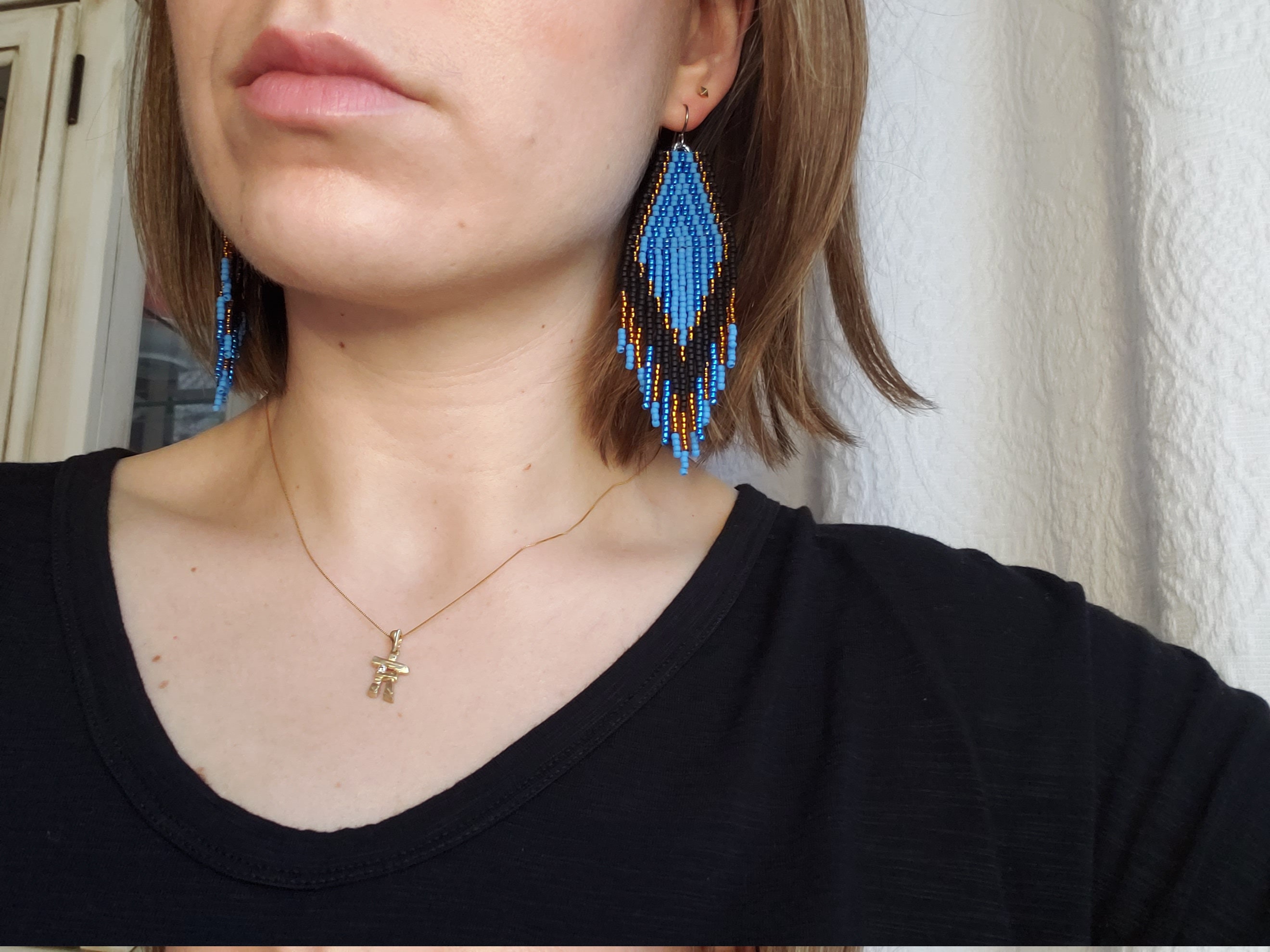 Royal Blue Fringe Beaded Earrings, Brick Stitch Seed Bead Long Fringe ...