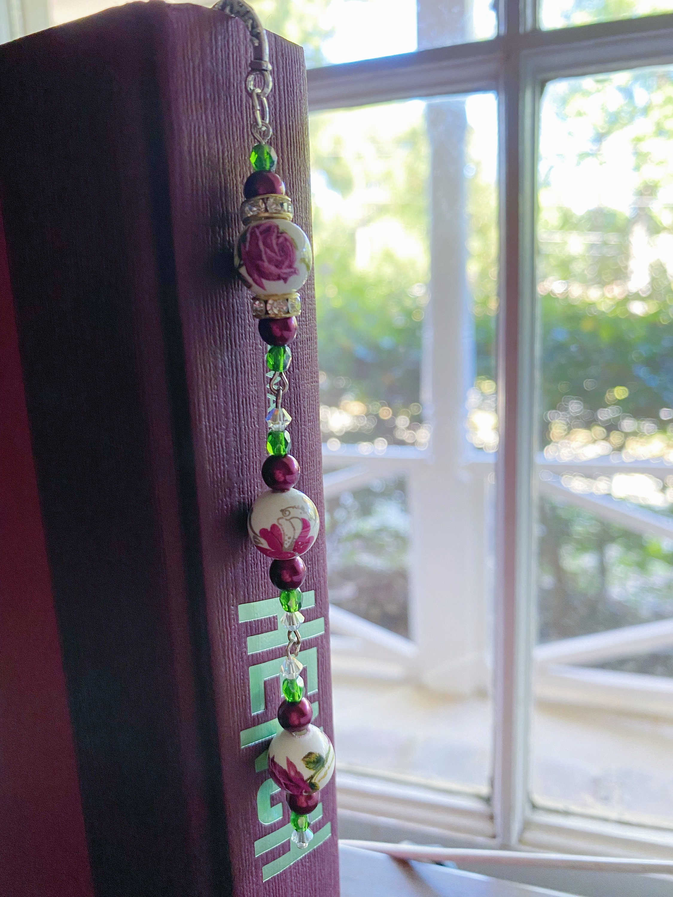 Beaded Rose Bookmark // Floral Engraved Shepherd Hook - Etsy
