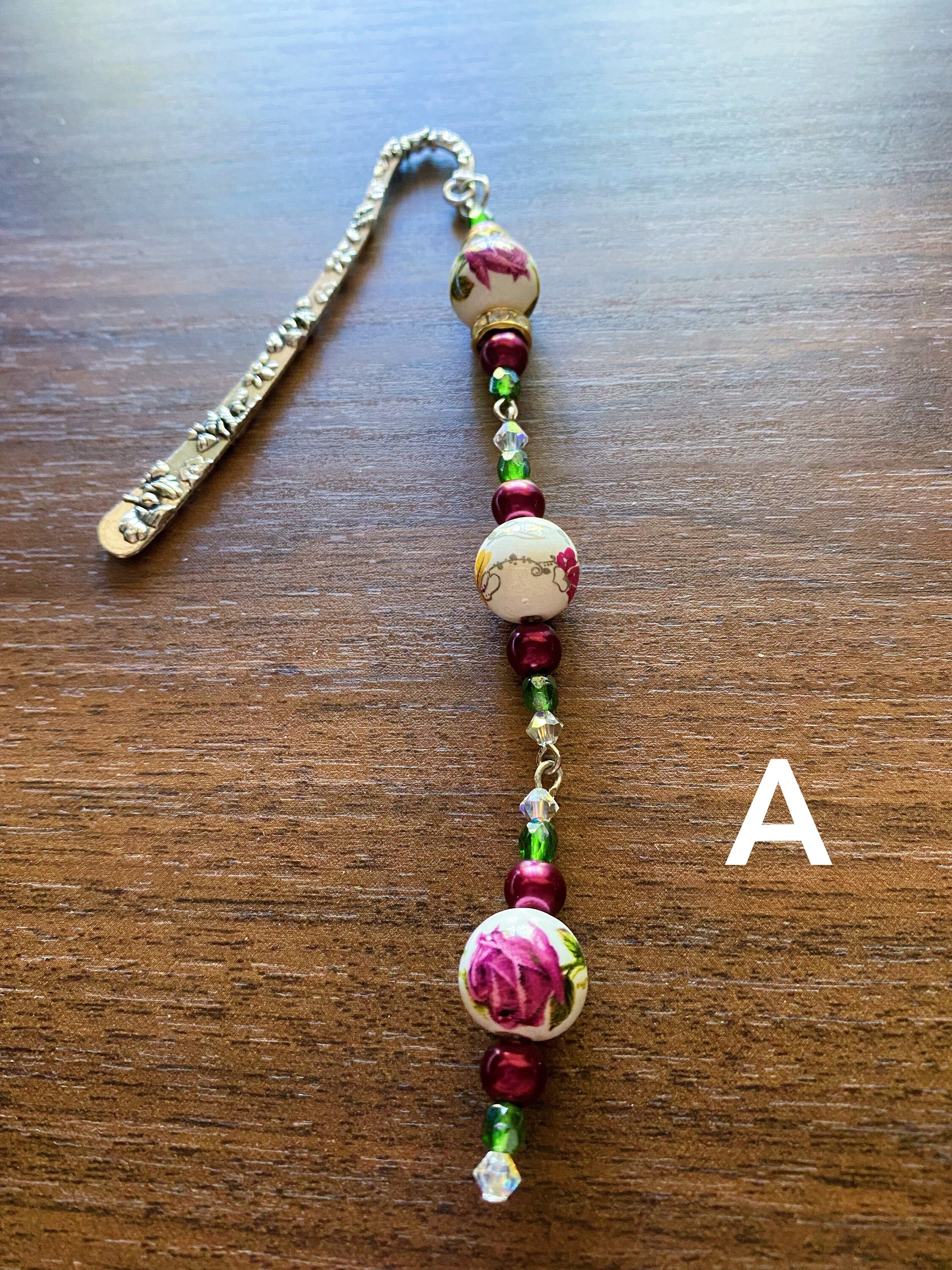 Beaded Rose Bookmark // Floral Engraved Shepherd Hook - Etsy