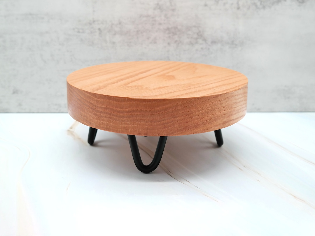 Mid Century Modern Round Wooden Riser With Metal Legs, Wood Pedestal ...