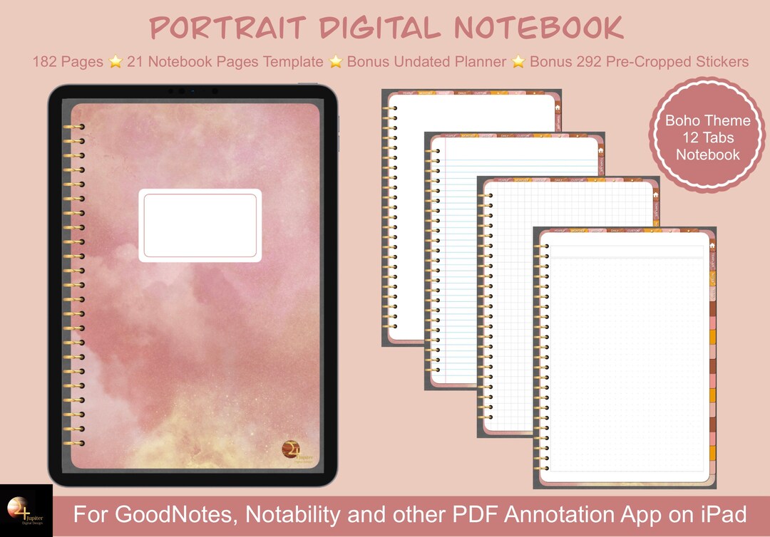 Digital Hyperlinked Notebook, Portrait Boho Theme, Digital Notebook for ...
