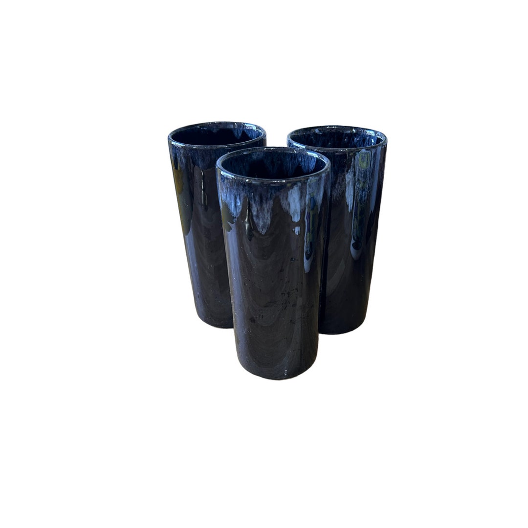 Vintage 1960s Anna Van Briggle Black Navy Blue Drip Glaze Tumblers Set ...