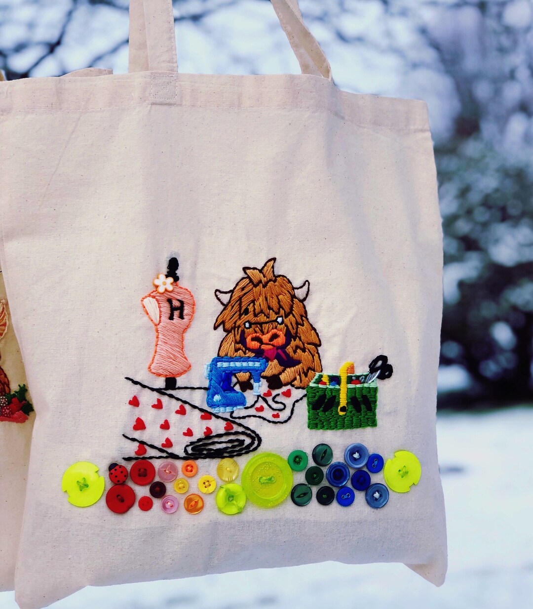 Granny Sew Coo Unique Design Hand Embroidery Highland Cow Tote Bag - Etsy