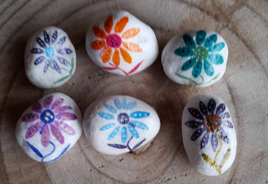 SET OF 6 Hand Painted Rocks Stones Pretty Flowers Unique - Etsy
