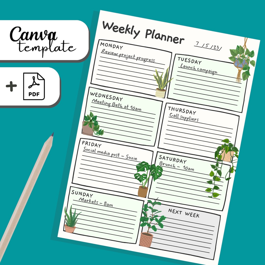 Plants Weekly Planner - Canva Template - Etsy