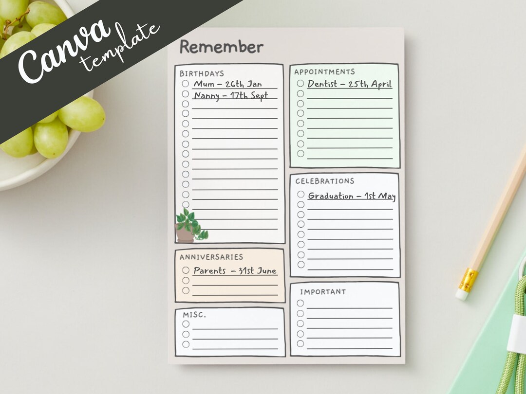 Remember Page Planner Pot Plants Canva Template - Etsy