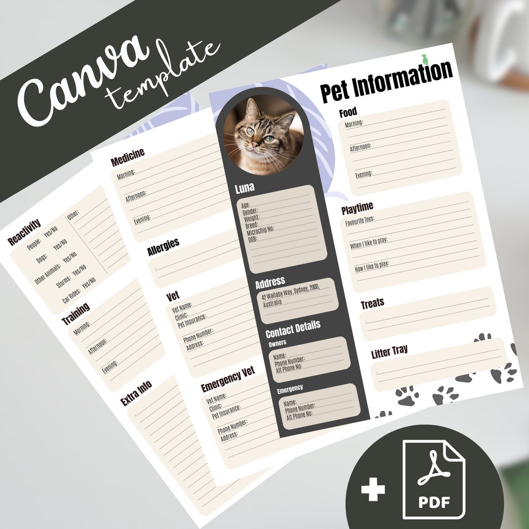 Pet Information Sheet - Canva Template - Pet Sitting (cat) - Etsy
