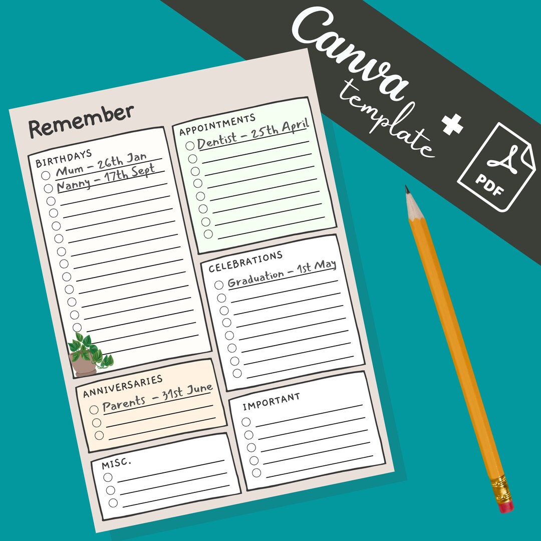 Remember Page Planner - Pot Plants - Canva Template - Etsy
