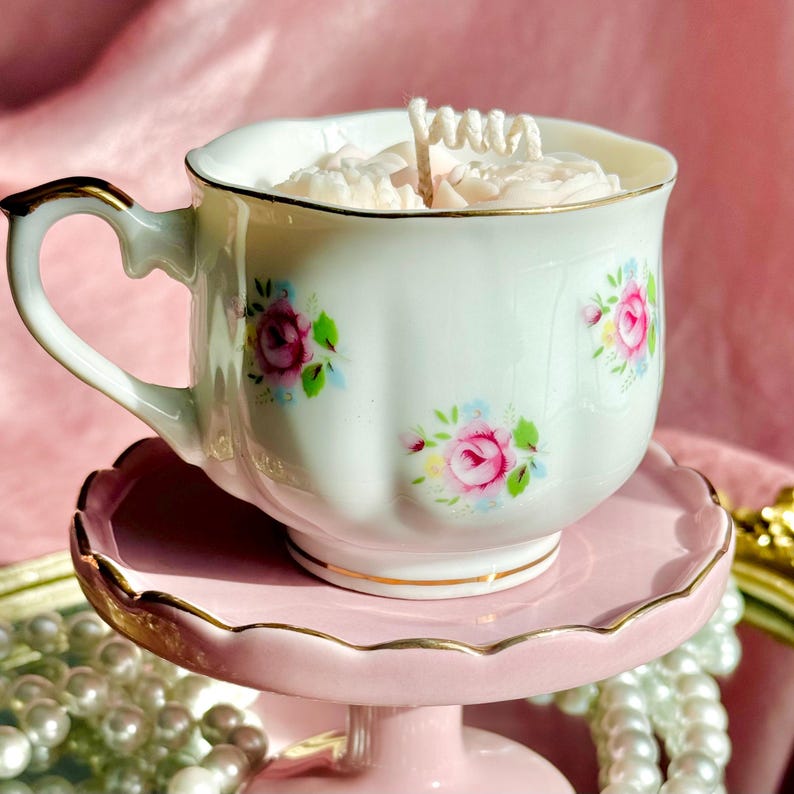 Vintage Teacup Candle, Floral Candle, Grand Millennial Home Decor ...