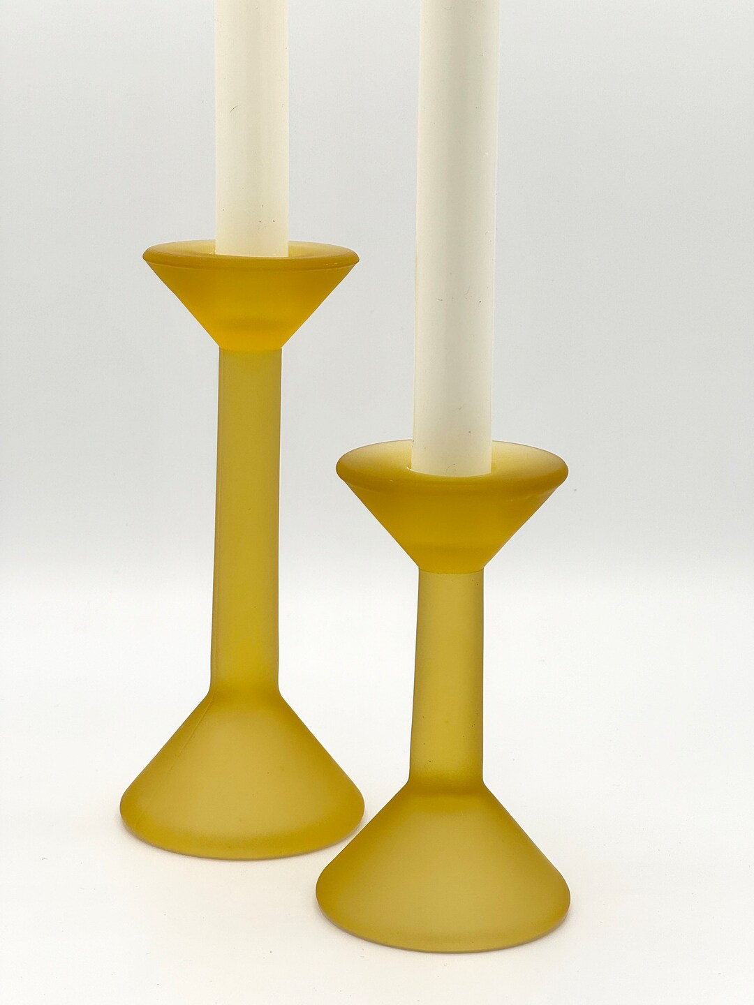 Vintage Matte Frosted Glass Candlestick Holders Set of 2, Yellow, Satin ...