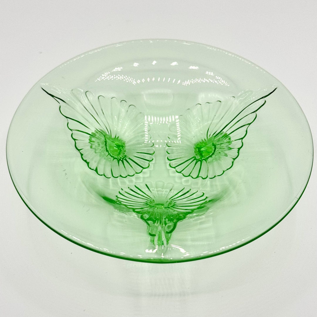 Vintage Duncan Miller Green Depression Glass Dish Footed 3 Leaf Trinket ...