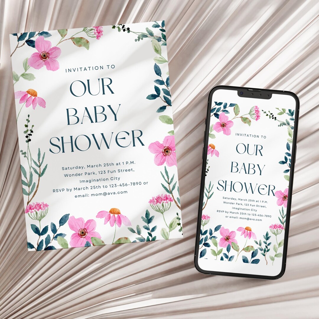 Wild Flower Invites, Baby Shower Invitation Card, Digital Invites ...