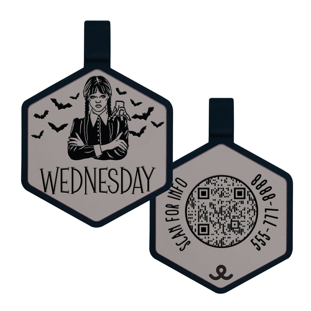 QR Code Wednesday Addams Silicone Dog ID Tag Halloween Pet ID Tag Quiet ...