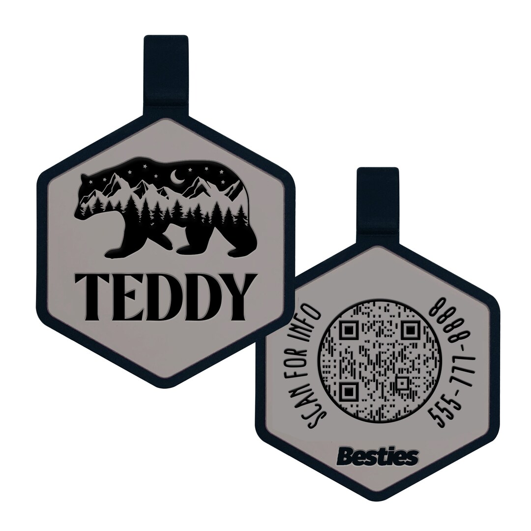QR Code Bear Mountain Silicone Dog ID Tag | Hexagon Pet ID | Quiet Dog ...