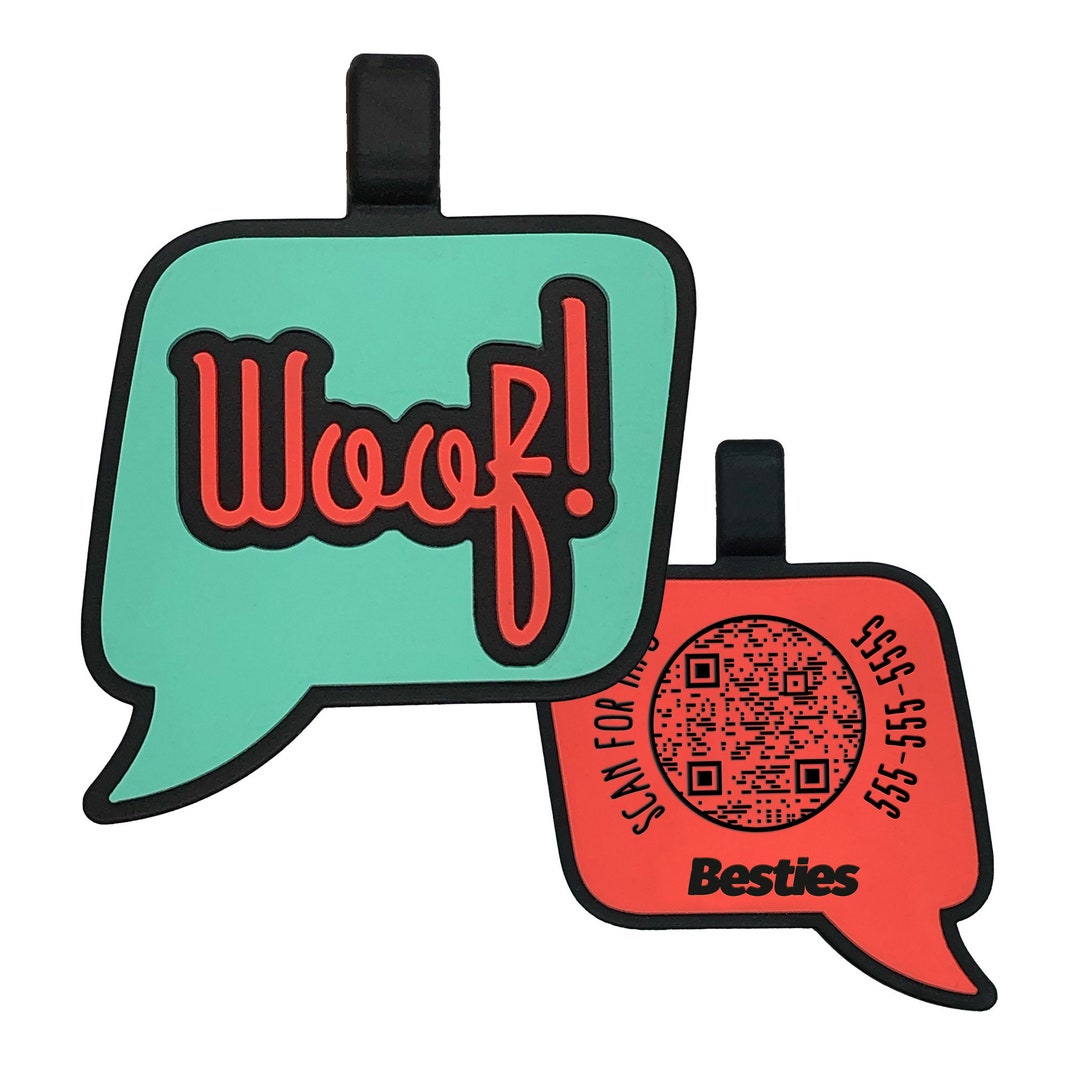 QR Code Woof! Silicone Dog ID Tag | Quiet Dog Tag | Silent Dog Tag ...