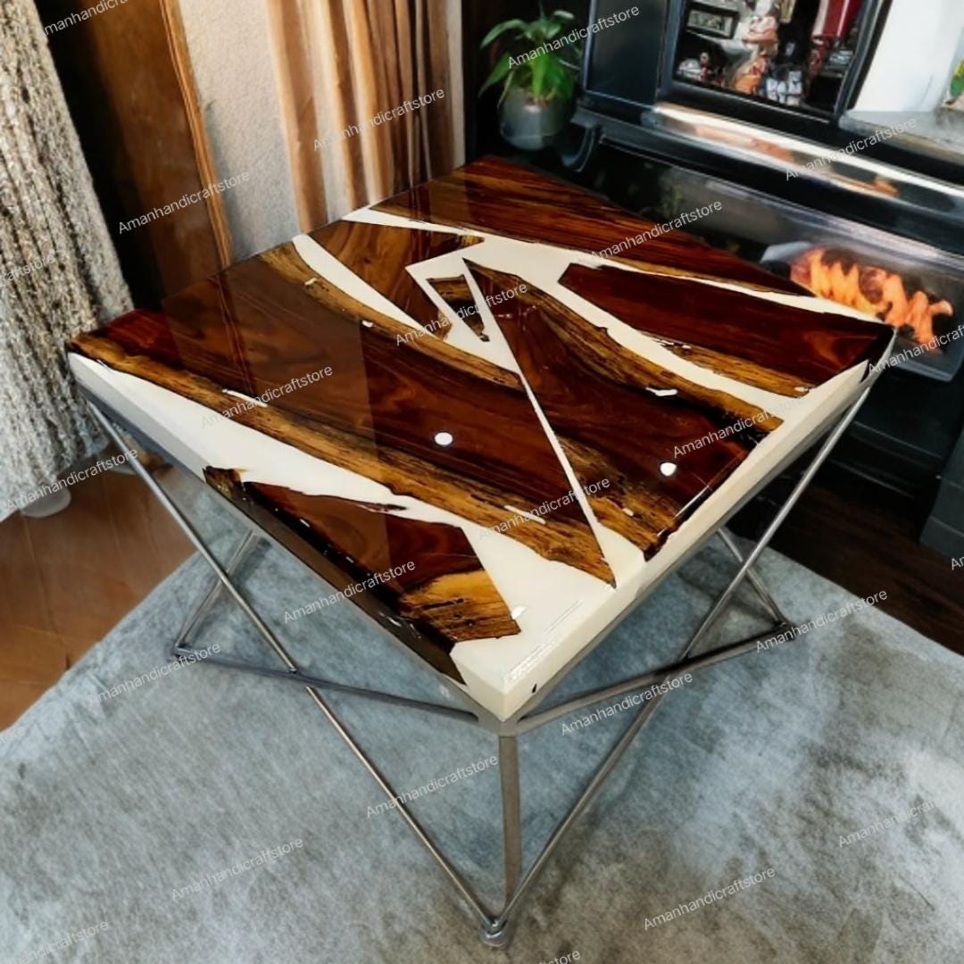 White Epoxy Table Top, Square Dining Table, Coffee Table, Epoxy Walnut ...