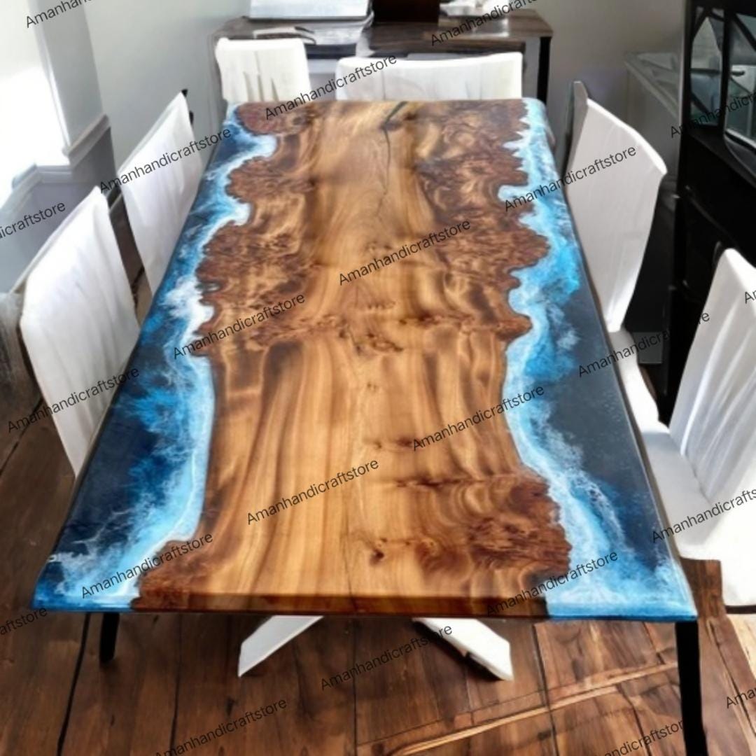 Blue Ocean Wave Epoxy Dining Table, Custom Live Edge Wooden Table, Living Room Table, Handmade ...