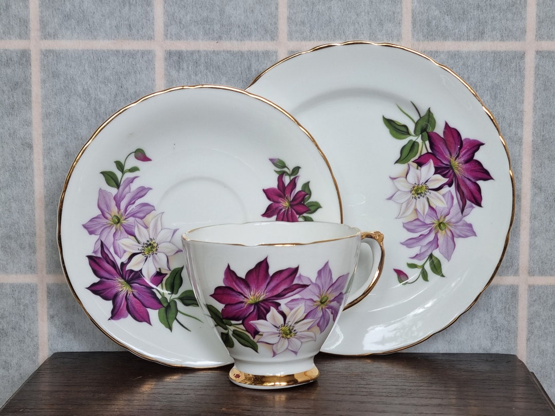 Vintage China Tea Trio Set | Purple Clematis Floral Pattern | Gold Rim ...