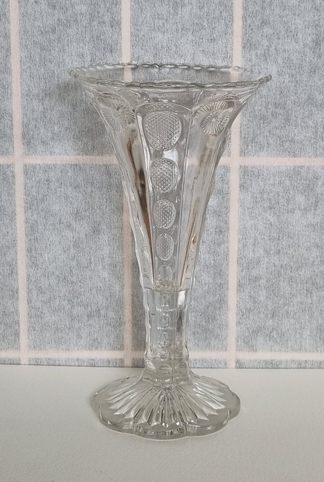 Pressed Glass Trumpet Vase | Vintage Mid Century Floral Container ...