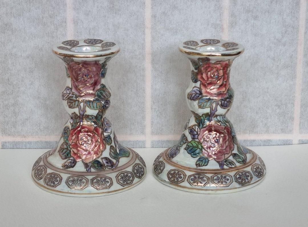 Chinese Porcelain Candlesticks | Vintage Mid Century Pink Rose Pair ...
