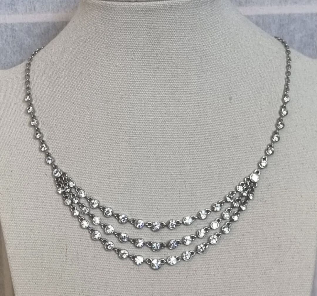 Vintage Multi-layered Crystal Necklace Sparkling Clear Crystals Silver ...